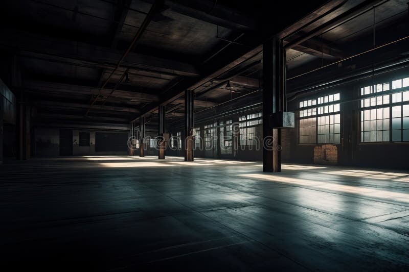 Three Dimensional Render of Dark Empty Warehouse. AI Generated Stock Illustration - Illustration ...