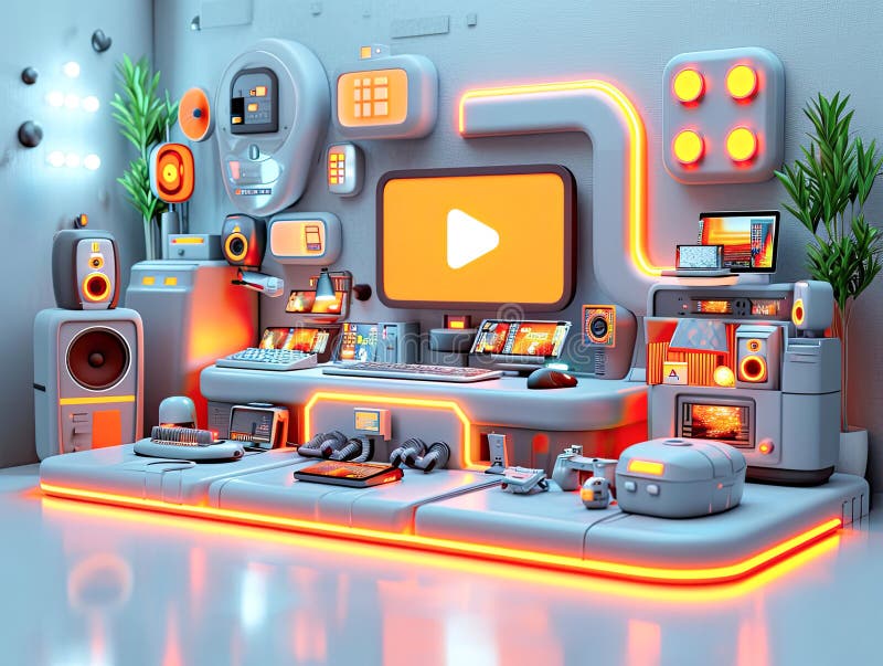 Three Dimensional Render of Desk with Computer Monitor Displaying ...