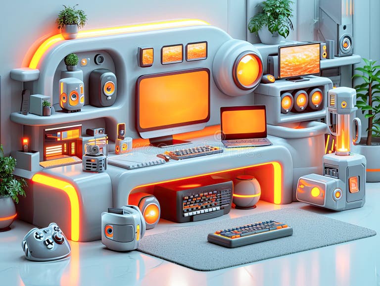 Three Dimensional Render of Desk with Computer Monitor Displaying Graphic Editing Program ...