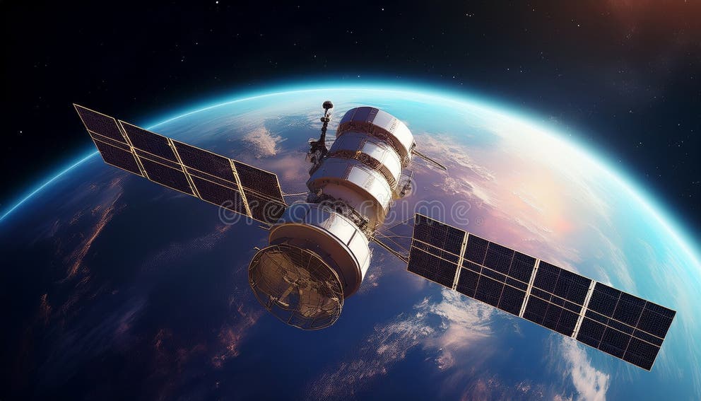 Geostationary Orbit Satellite Above the Earth, 3D Render Stock ...