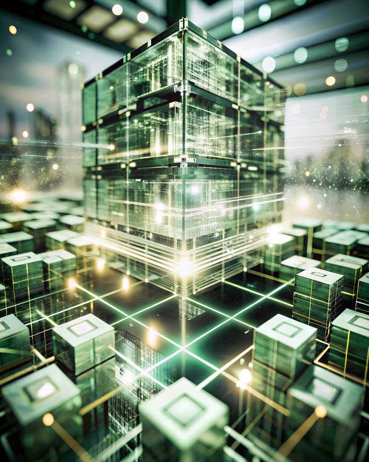 Three Dimensional Render of Green Glowing Blockchain Cube. Blockchain ...