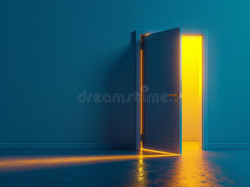 Three-dimensional Render of an Open Blue Door on a Blue Background ...