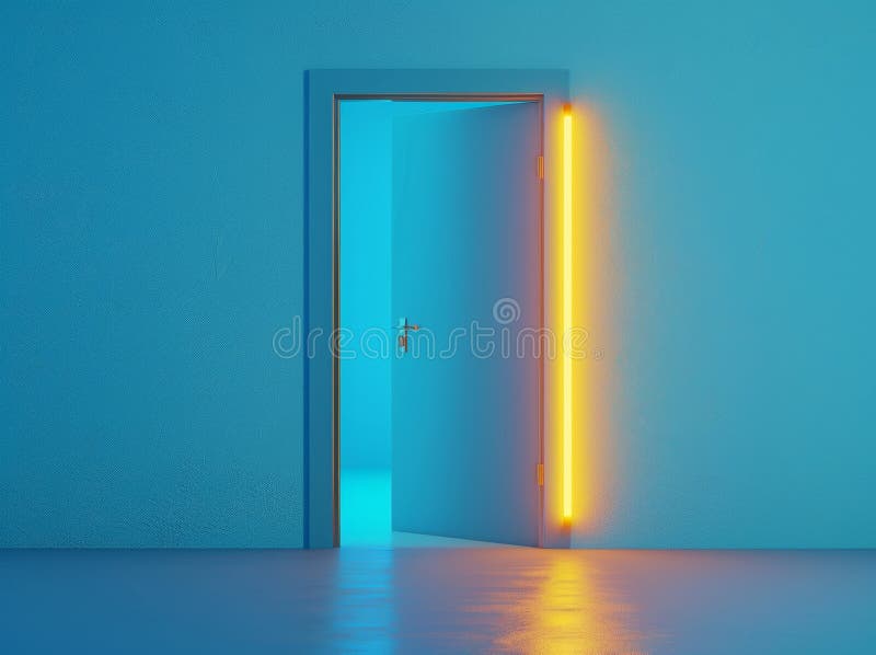 Three-dimensional Render of an Open Blue Door, on a Blue Background ...