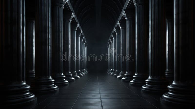 Three Dimensional Render of Rows of Columns in Dark Hall Stock ...