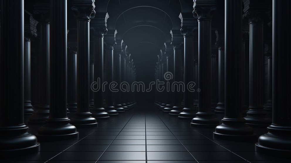 Three Dimensional Render of Rows of Columns in Dark Hall Stock ...