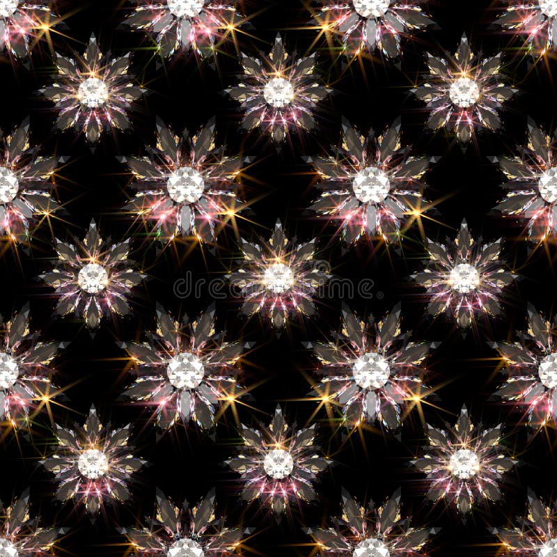 Seamless Pattern of Diamond Flowers on Black Background Stock ...