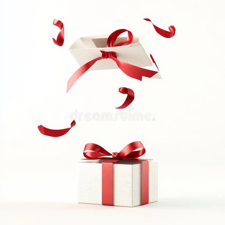 Three-dimensional Rendered Present Box with Red Ribbon and Bow on White ...