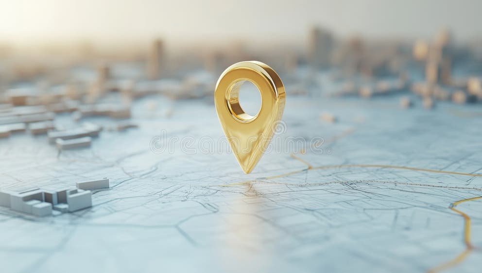 Three-dimensional Rendering of a Gold GPS Location Marker on a Detailed Map. Stock Photo - Image ...