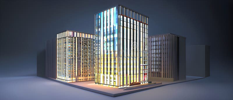 Three Dimensional Rendering of an Illuminated Modern High-rise Building ...