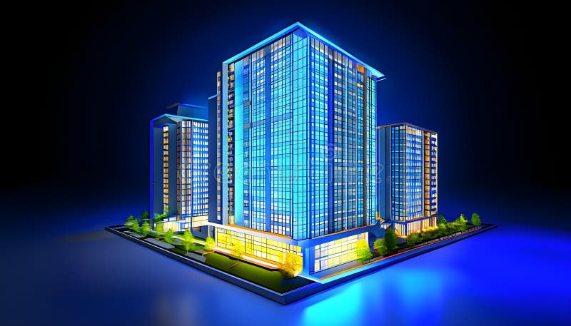 Three Dimensional Rendering of an Illuminated Modern High-rise Building ...