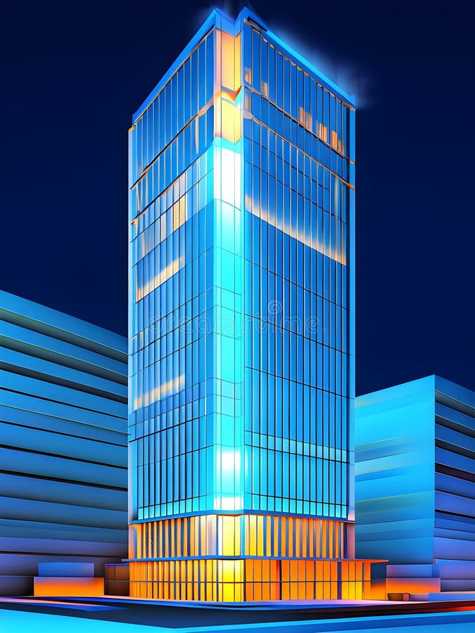 Three Dimensional Rendering of an Illuminated Modern High-rise Building ...