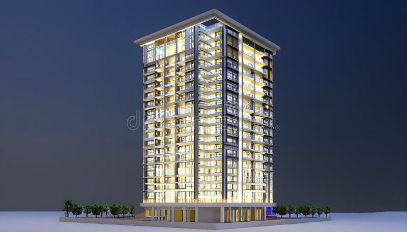 Three Dimensional Rendering of an Illuminated Modern High-rise Building ...