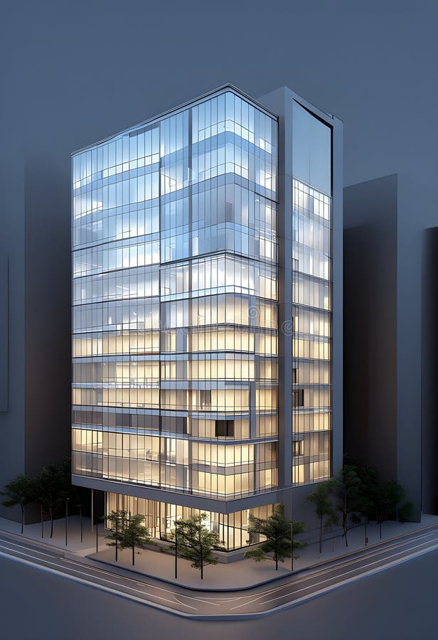Three Dimensional Rendering of an Illuminated Modern High-rise Building ...
