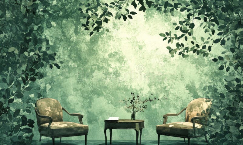 Three-dimensional Rendering of a Living Room with a Green Wall Stock ...