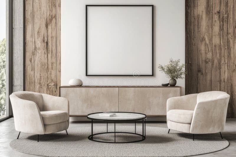 Three-dimensional Rendering of a Modern Living Room with a Blank Poster ...