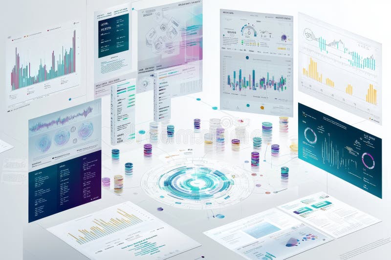 Three-dimensional Rendering Showing Multiple Digital Data Screens Displaying Various Financial ...