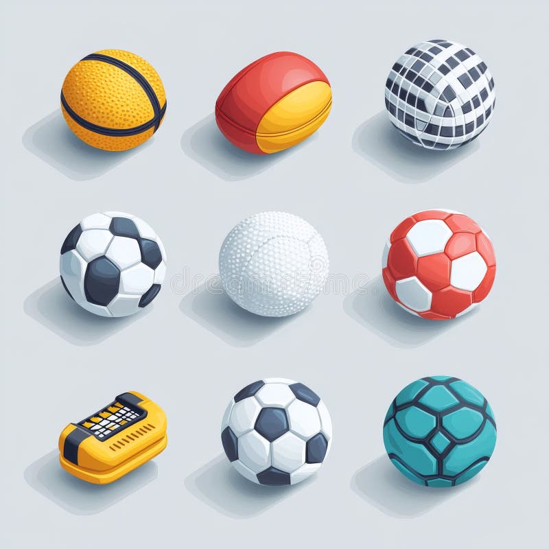 Three-dimensional Sports Balls and Dice Rendered on a Blue Background ...