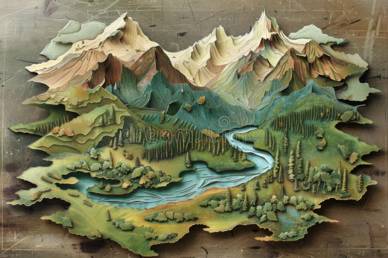 A Three-dimensional Topographic Map Sculpture with Multiple Layers, Showcasing Mountains, a ...
