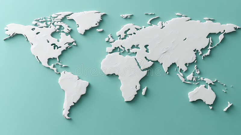 A Three Dimensional White World Map on a Teal Background Stock ...