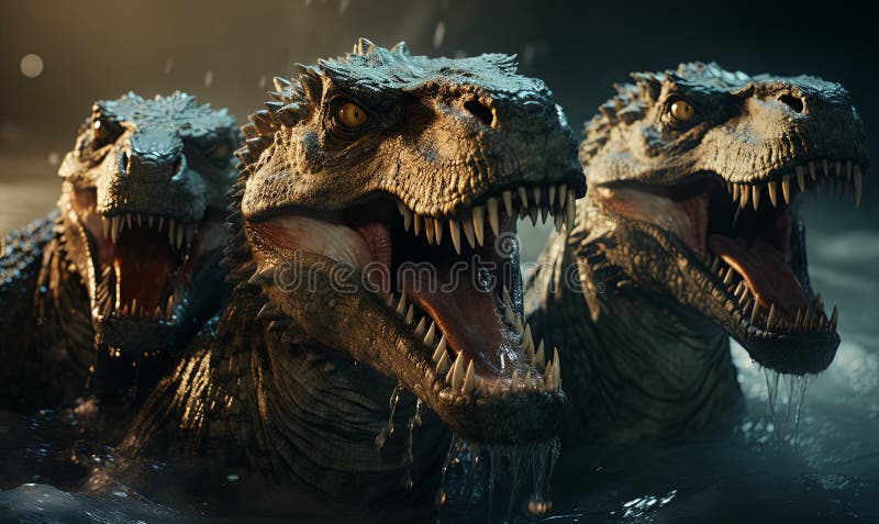 Three Dinosaurs Roaring in Water Stock Image - Image of open, teeth ...