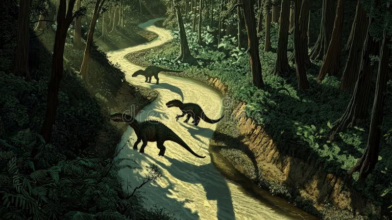 Three Dinosaurs Walk Along a Winding Path through a Lush Forest Stock ...
