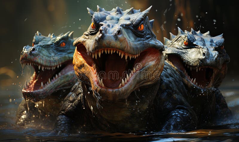 Three Dinosaurs Roaring in Water Stock Photo - Image of extinct ...