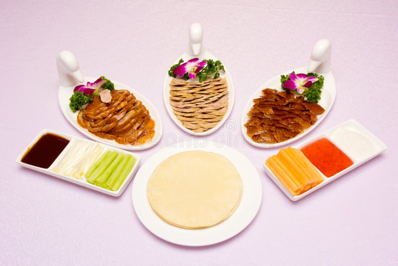Three Dishes Beijing Duck and a Plate of Pancake Stock Image - Image of ...
