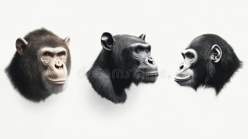 Three Distinct Chimpanzee Heads Showcasing the Diversity and Expression ...