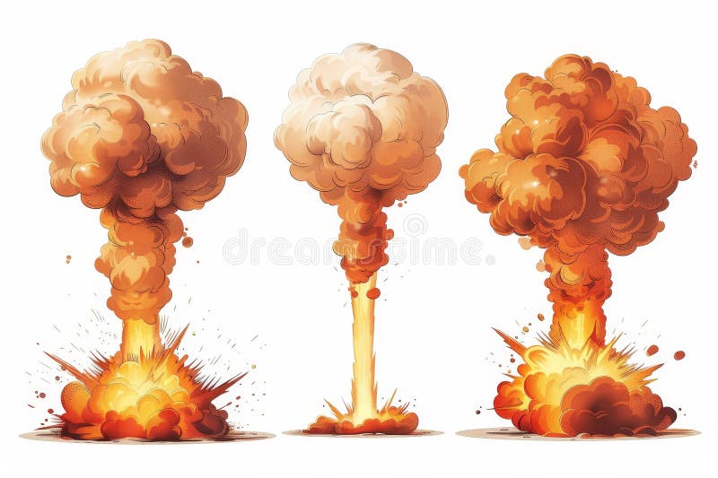 Three Distinct Comic-Style Explosions with Smoke and Fire, Isolated on ...