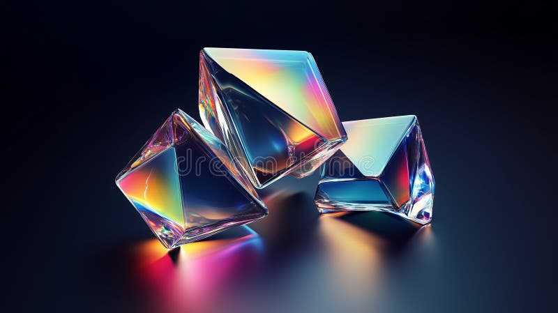 Three Glass Prisms Reflecting Colorful Light Against a Dark Background ...