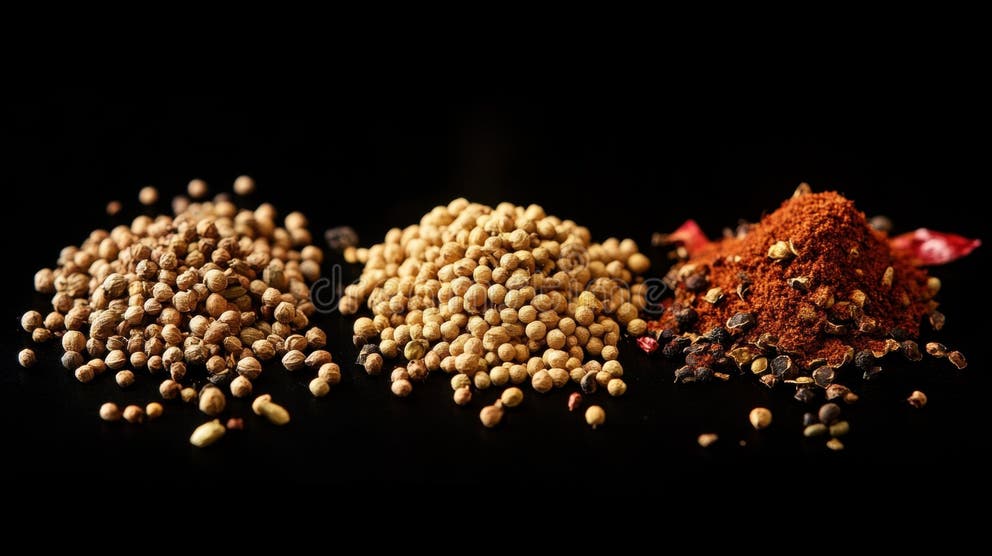 Three Distinct Piles of Various Spices on a Dark Backdrop Stock ...