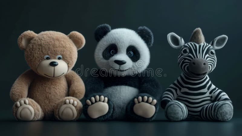 Three Colorful Plush Toys Sit on a Dark Surface Featuring a Bear a ...