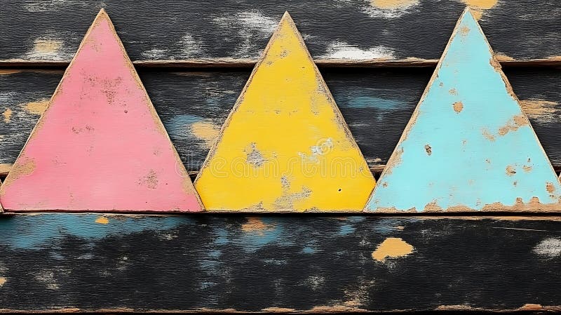 Three Distressed Triangular Wooden Shapes Arranged on Black Wood Stock ...