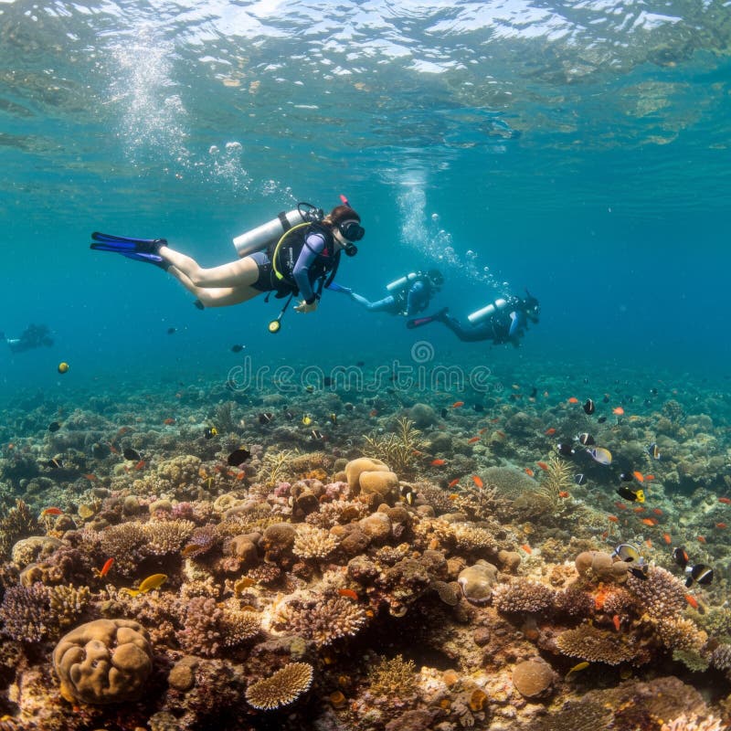 Three Divers Exploring Vibrant Coral Reef Underwater Stock Illustration ...