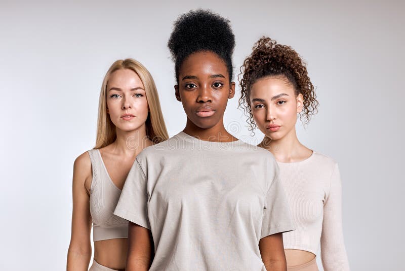 Three Diverse Beautiful Models are Posing on White Background. Close-up ...