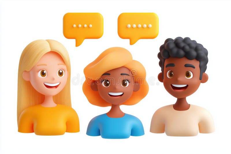 Three Diverse Cartoon Characters with Speech Bubbles, Smiling and ...