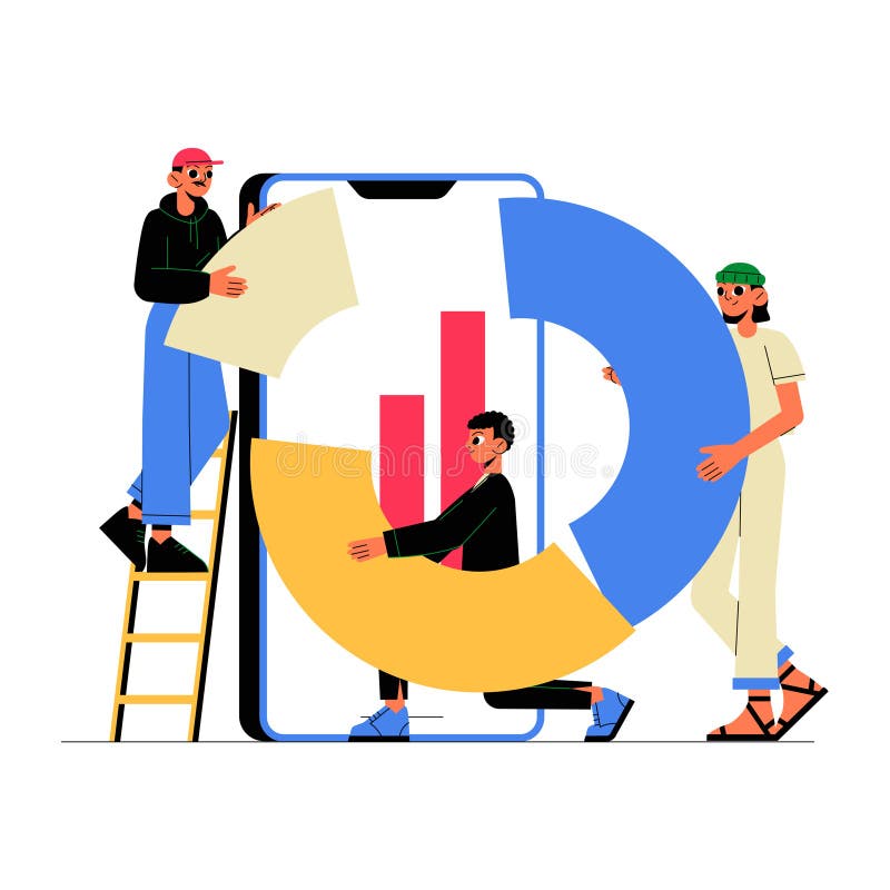 Teamwork Concept with Pie Chart and Smartphone in Flat Vector ...
