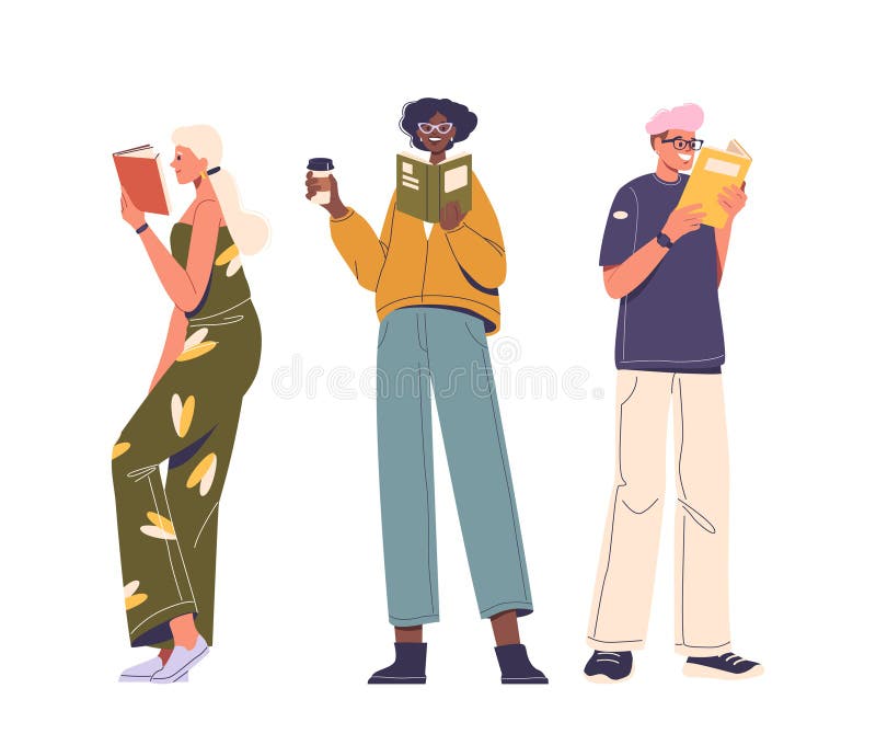 Three Diverse Characters Enjoying Reading Books, People Engaged and ...