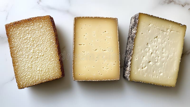Three Diverse Cheese Blocks on Marble Surface Stock Illustration ...