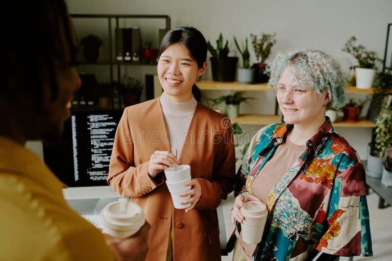 Three Diverse Colleagues Talking during Coffee Break Stock Image ...