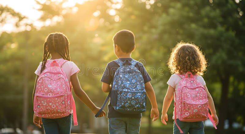 Three Diverse Elementary School Kids with Backpacks Walking Together at Sunset Stock Image ...