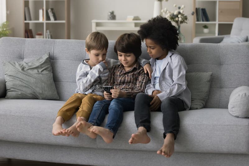 Three Diverse Gen Z Kids Using Learning App Mobile Phone Stock Photo ...