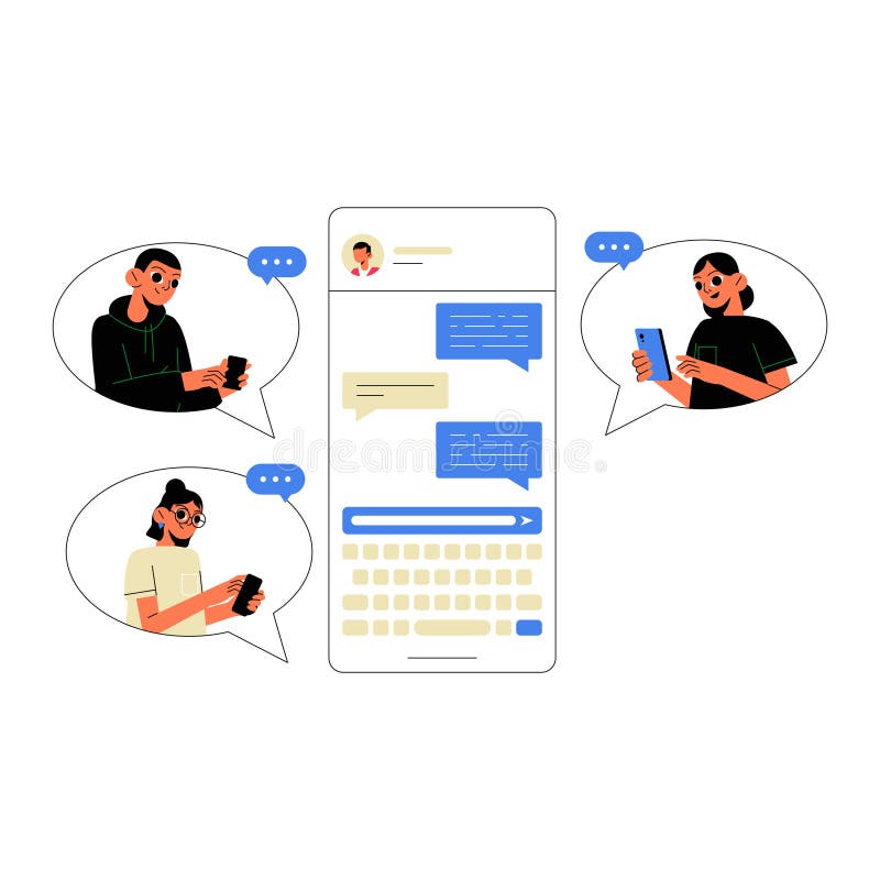 Group Chat with Diverse People Using Smartphones in Flat Vector ...