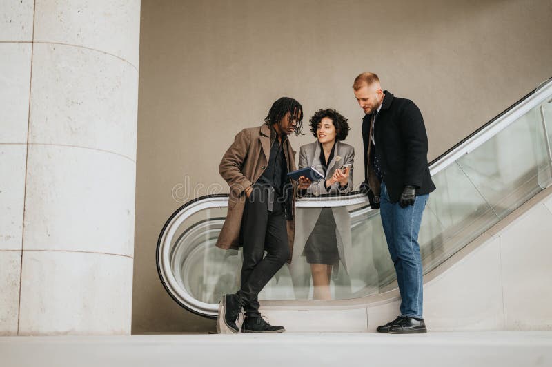 Three Diverse People Engaging in a Serious Discussion while Standing on ...