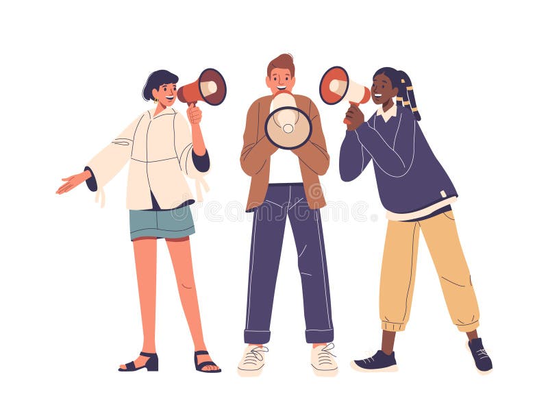 Three Diverse People Stand Together Using Megaphones To Communicate and ...