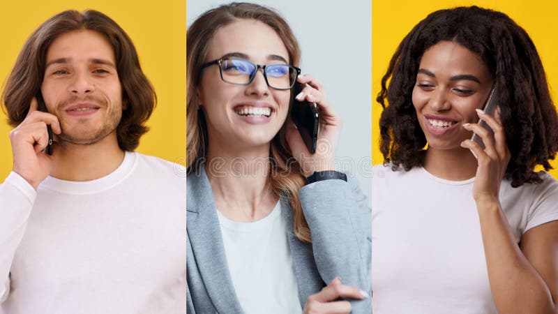 Three Diverse People Talking on Phones Against a Bright Backdrop Stock ...