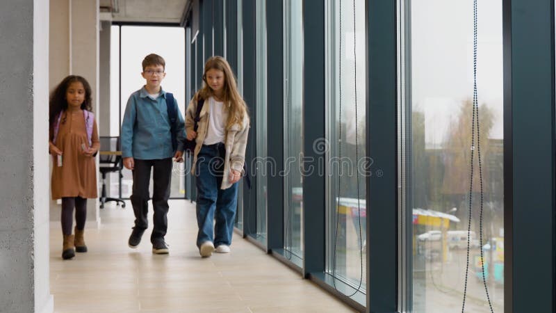 Happy Diverse Multiethnic Kids Junior School Students Group Walking in ...