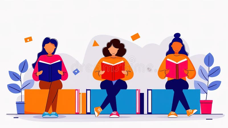 Three Diverse Women Sit on a Stack of Books Reading. Concept of ...