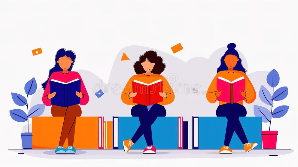 Three Diverse Women Sit on a Stack of Books Reading. Concept of ...