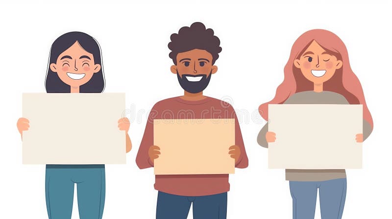 Three Diverse Young Adults Holding Blank Signs and Smiling Stock ...